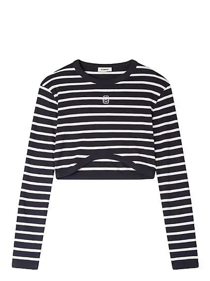 Sandro Striped Cropped Cotton-jersey T-shirt - Marine / Blanc