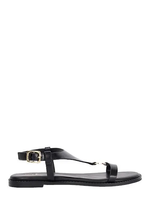 DUNE Laith T-bar Leather Flat Sandals - Black Plain Leather