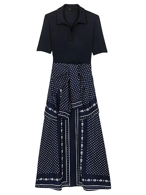 Maje Polo-collar Printed Midi Dress - Navy Polka Dot Bandana