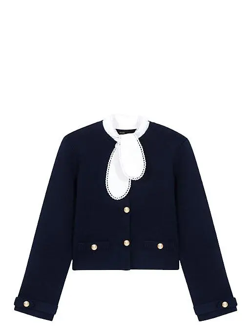 Maje Embroidered-collar Cropped Knitted Cardigan - Navy