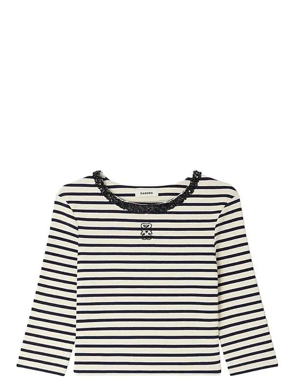Sandro Striped Cropped Cotton-jersey T-shirt - Navy Blue