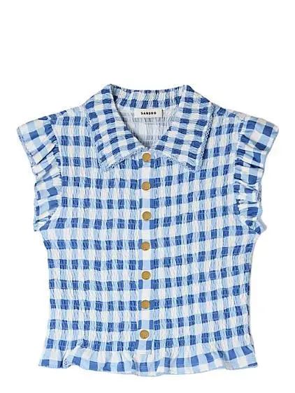 Sandro Gingham-print Smocked Stretch-woven Shirt - Blu / White