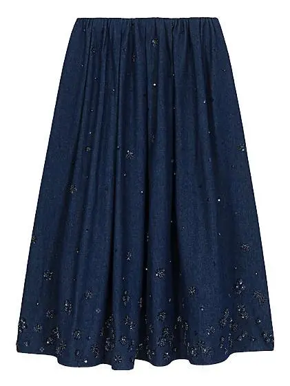 Maje Flared Sequin-embroidered Denim Midi Skirt - Navy
