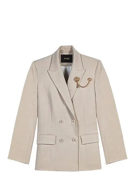 Maje Double-breasted Woven Blazer With Brooch - Beige
