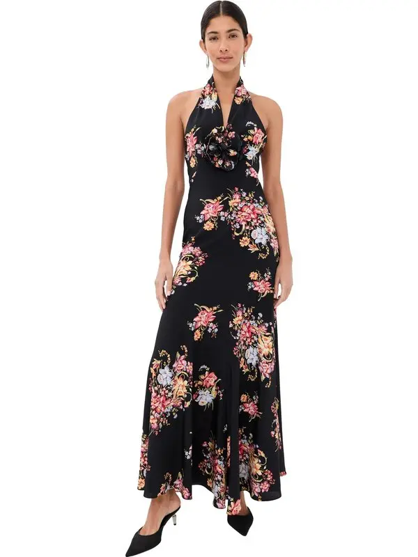RODARTE Floral Silk Halter Maxi Dress With Flower Detail - Black