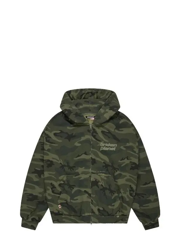 BROKEN PLANET Star Logo Zip-up Hoodie - Green Star Camo