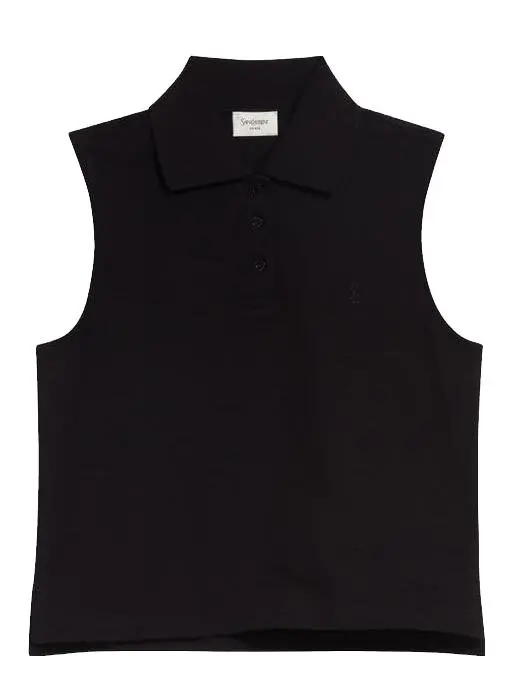 Saint Laurent Cassandre Embroidered Sleeveless Cotton Piqué Polo - Noir