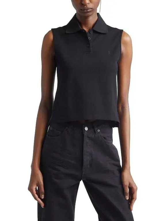 Saint Laurent Cassandre Embroidered Sleeveless Cotton Piqué Polo - Noir