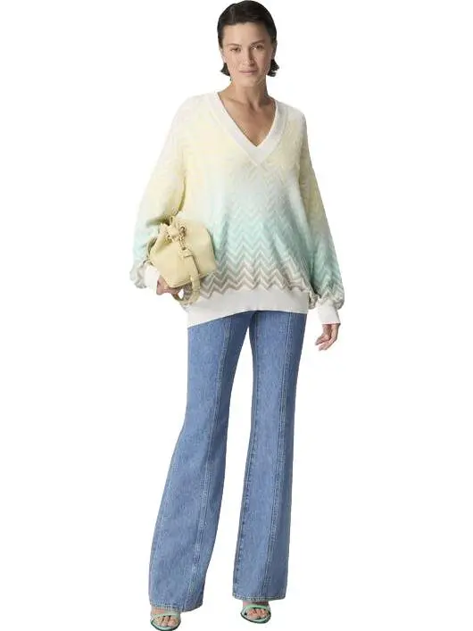 Missoni V-neck Pullover In Chevron Dégradé Cotton And Viscose - Light Blue& Yellow