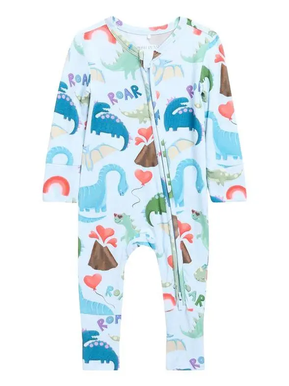 POSH PEANUT Dinosaur Print Convertible Zip-up Footie - Medium Blue