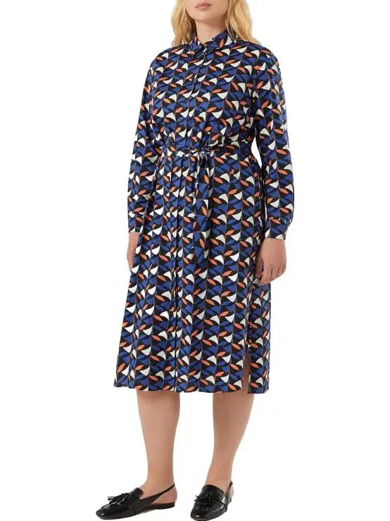 Marina Rinaldi Voyage Collection Print Long Sleeve Stretch Poplin Shirtdress - Navy