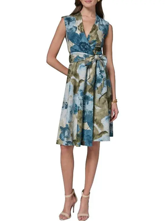 Donna Karan New York Floral Faux Wrap Linen-blend Dress - Washed Indgo