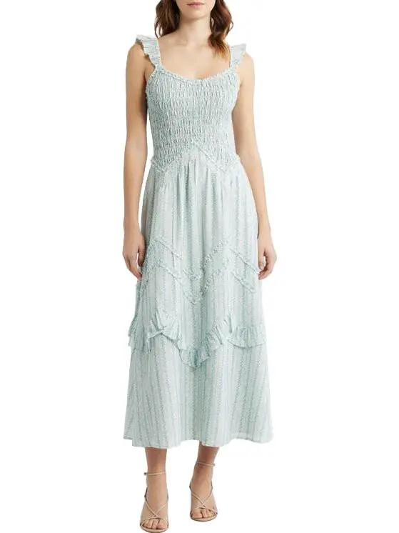 Moon River Floral Smocked Bodice Midi Dress - Off White/blue