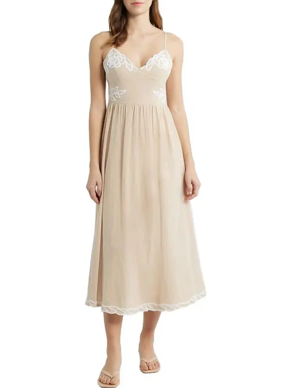Moon River Embroidered V-neck Midi Dress - Taupe