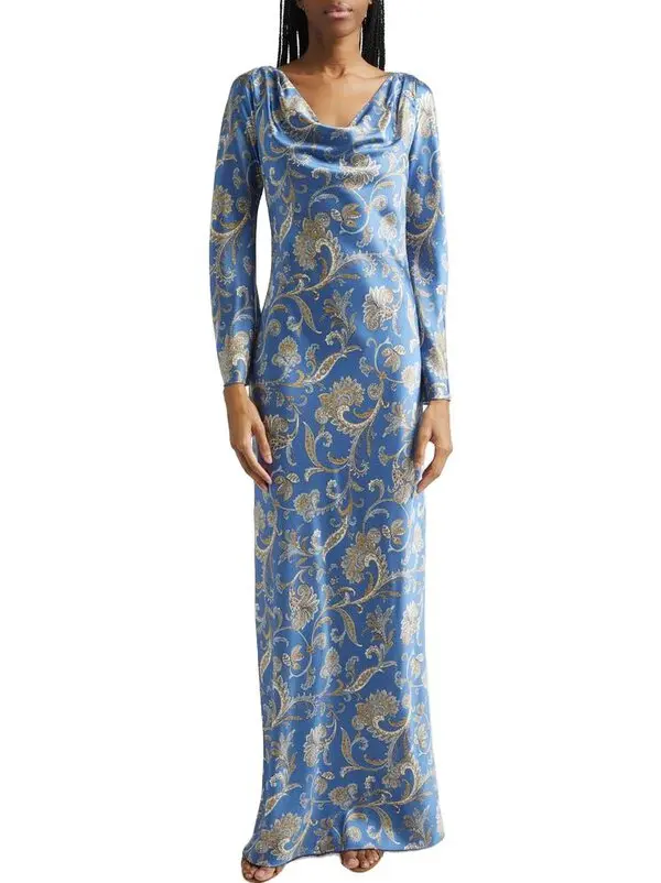 Veronica Beard Ember Long Sleeve Paisley Silk Blend Maxi Dress - Blue Coast Multi