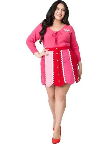 SMAK PARLOUR Scallop Hem Corduroy Mini Skirt - Red & Pink Stripe