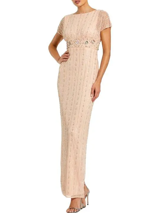 Mac Duggal Beaded Blouson Short Sleeve Column Gown - Rose