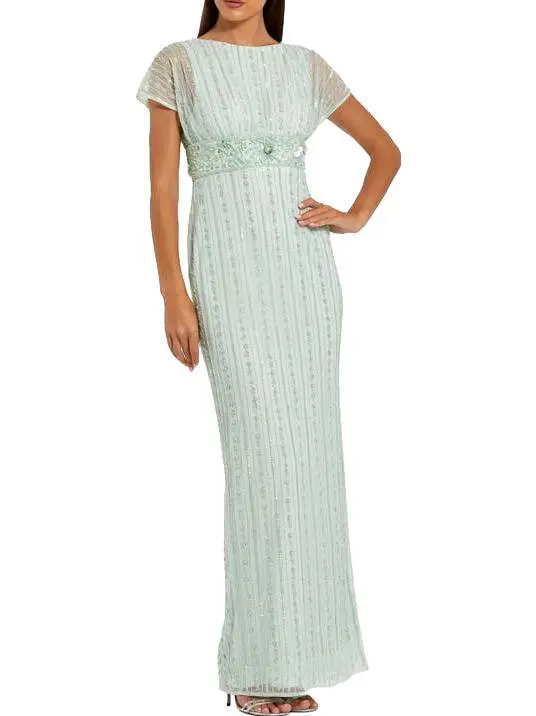 Mac Duggal Beaded Blouson Short Sleeve Column Gown - Sage