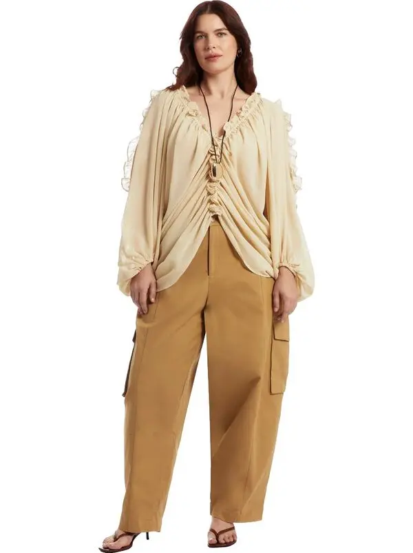 JUNE & VIE Barrel Leg Cargo Pants - Rye Bread