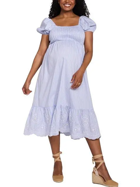 Motherhood Maternity Smocked Bodice Puff Sleeve Midi Dress - Blue & White Stripe