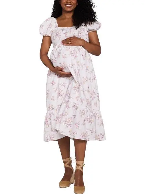 Motherhood Maternity Smocked Bodice Puff Sleeve Midi Dress - Small Floral