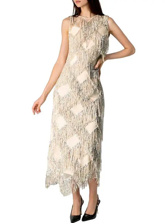 IVONNE Deco Shimmer Fringe Midi Dress - Silver