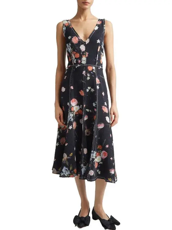 Erdem Floral Print Twill Fit & Flare Dress - Dutch Flower Painting Black