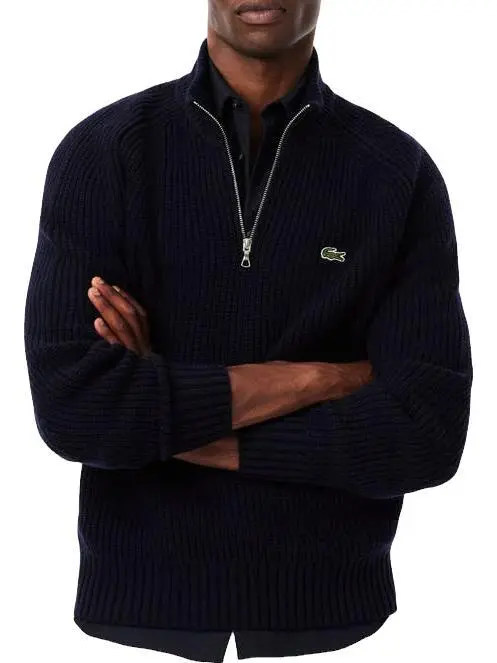 Lacoste Classic Fit Quarter Zip Wool Rib Sweater - Navy Blue