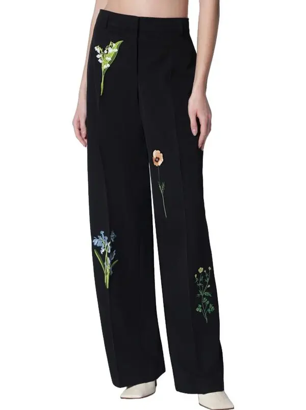 Stella McCartney Wool Trousers With Floral Embroidery - Black