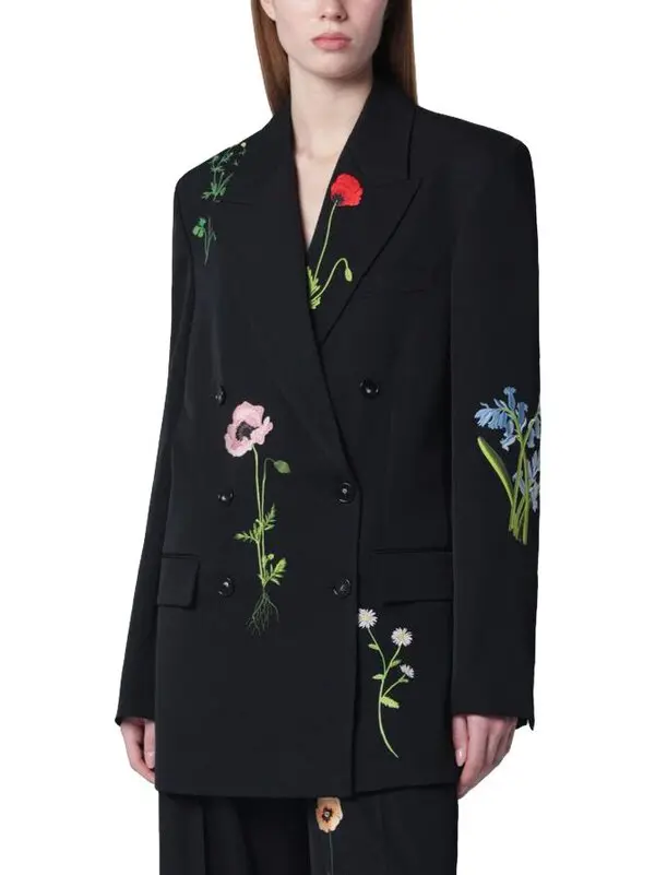 Stella McCartney Double-breasted Jacket With Floral Embroidery - Black
