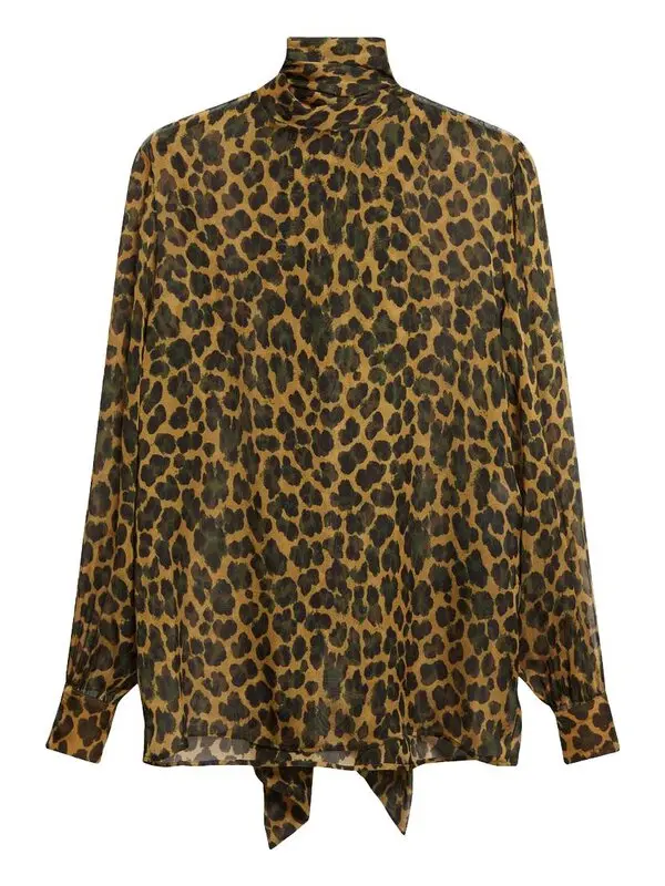 Saint Laurent Leopard Print Silk Top - Ocre/vert