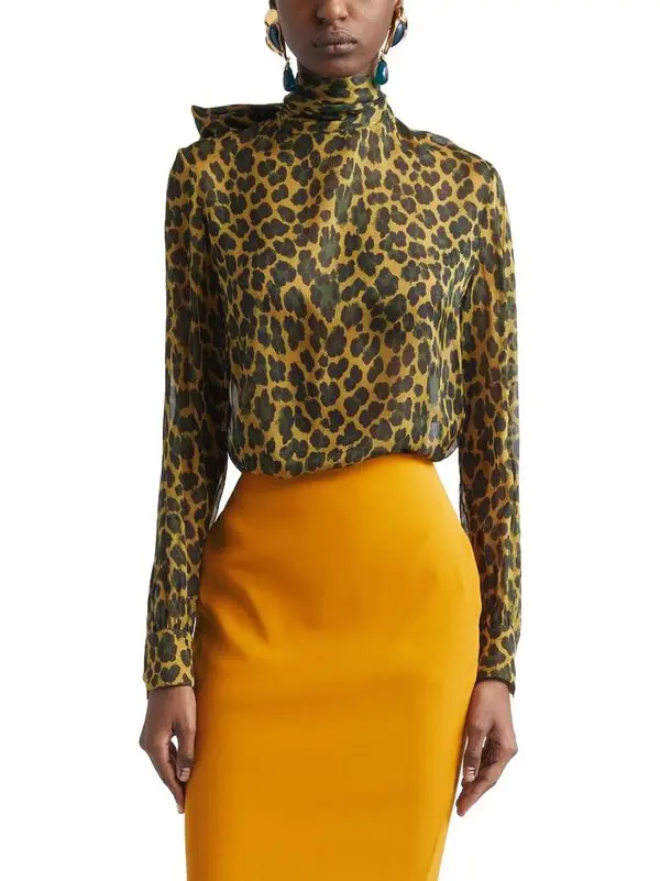Saint Laurent Leopard Print Silk Top - Ocre/vert
