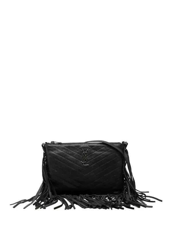 Saint Laurent 2015 Chevron Sheepskin Monogram Fringe Crossbody Bag - Black
