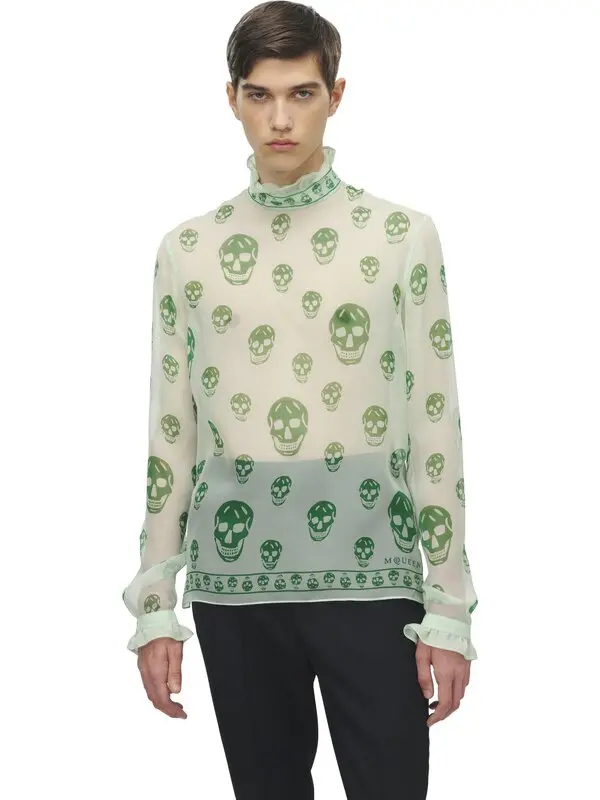 Alexander McQueen Silk Chiffon Skull Print Top - Light Green