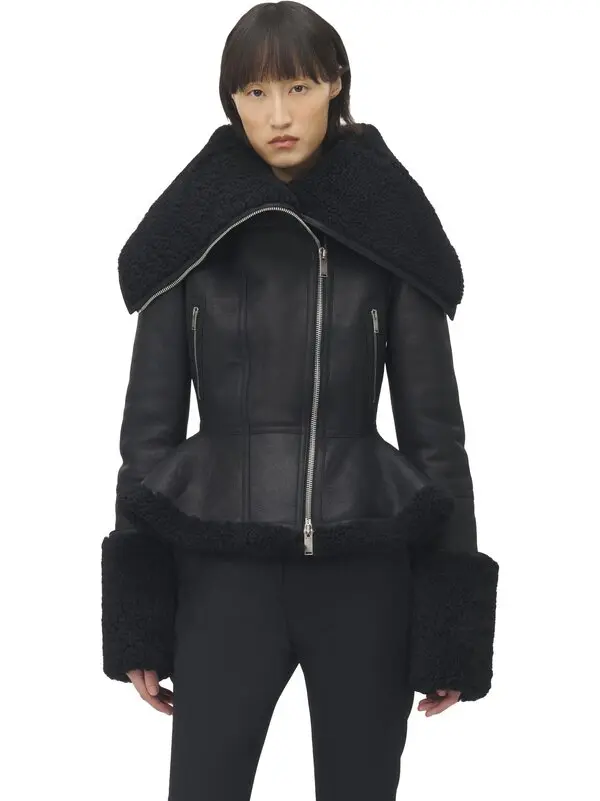 Alexander McQueen Shearling Peplum Jacket - Black