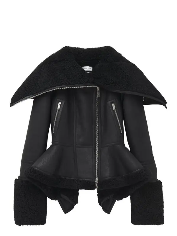 Alexander McQueen Shearling Peplum Jacket - Black