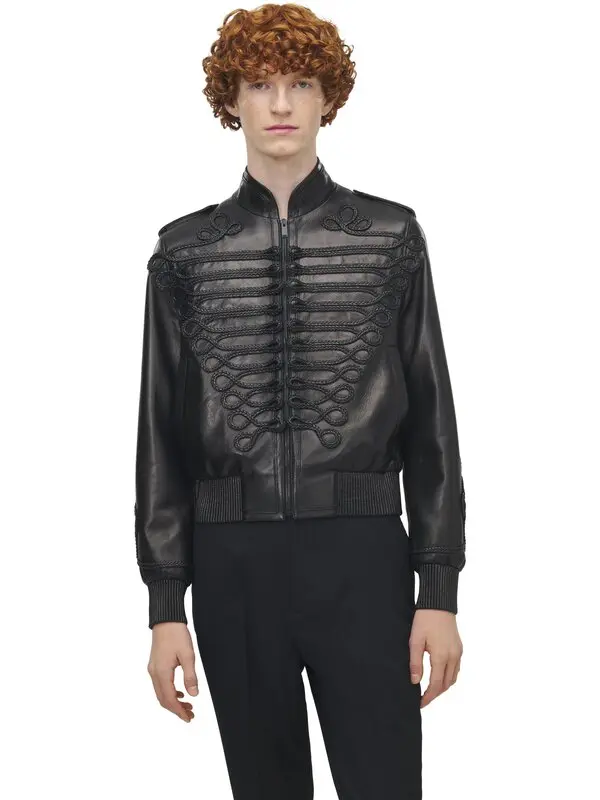 Alexander McQueen Frogging Embroidery Leather Bomber Jacket - Black