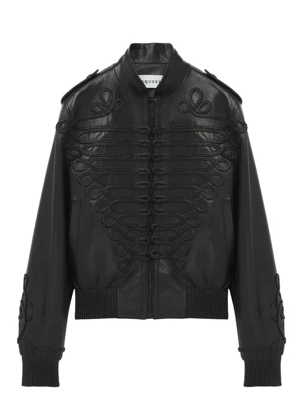 Alexander McQueen Frogging Embroidery Leather Bomber Jacket - Black