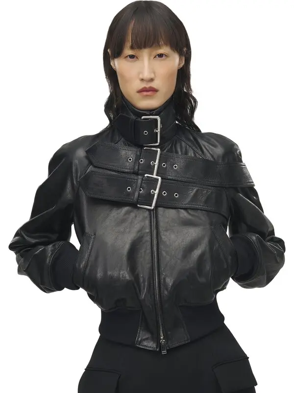 Alexander McQueen Belt Detail Leather Bomber Jacket - Black