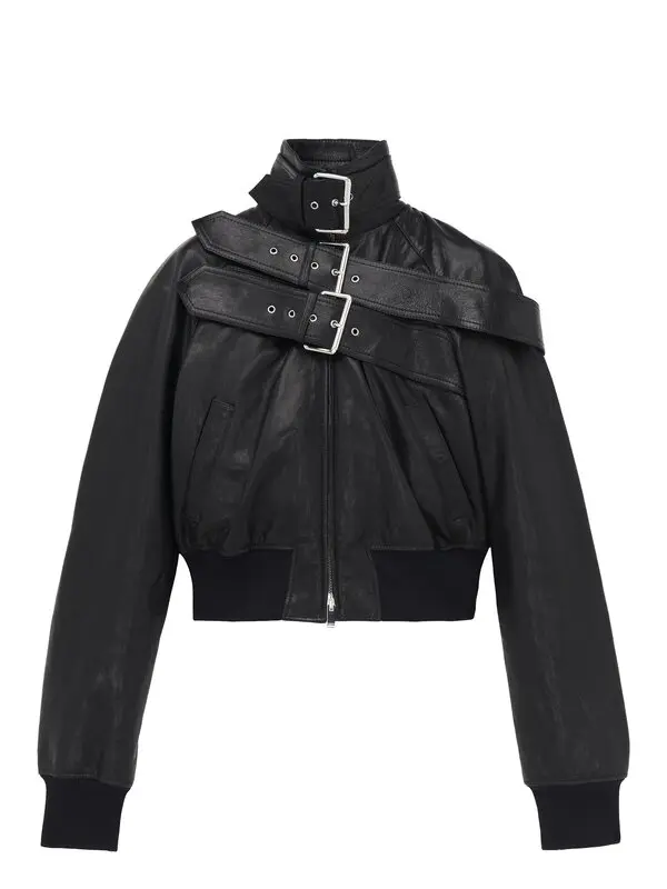 Alexander McQueen Belt Detail Leather Bomber Jacket - Black