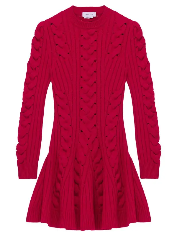 Alexander McQueen Wool Cashmere Cable Knit Mini Dress - Red