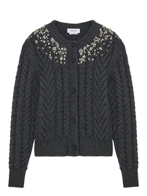 Alexander McQueen Crystal-embellished Cable Knit Cardigan - Grey Melange