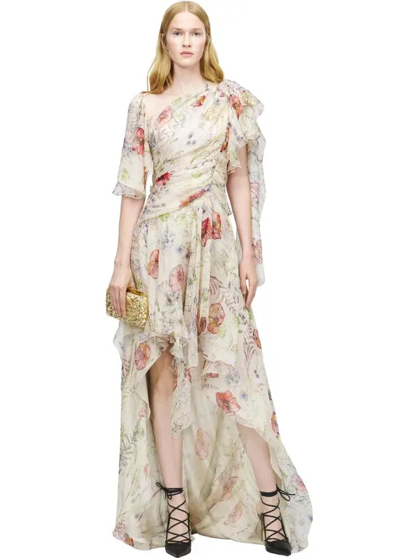 Alexander McQueen Meadow Floral Print Asymmetric Evening Dress - Ivory
