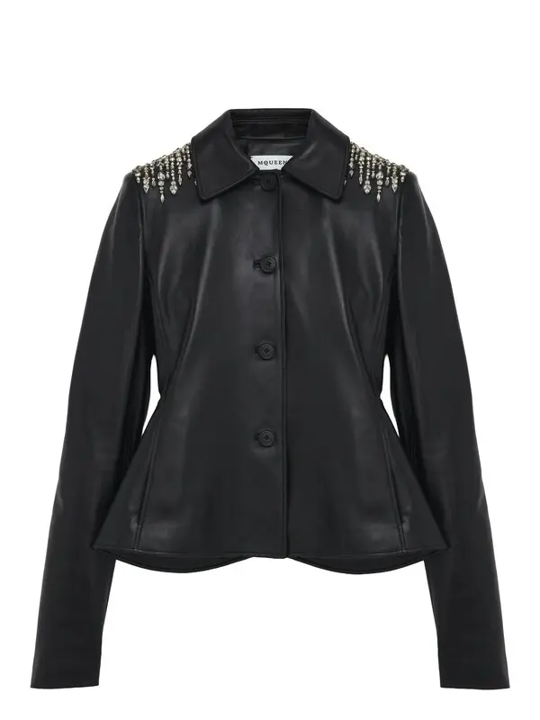Alexander McQueen Crystal Embroidery Leather Peplum Jacket - Black
