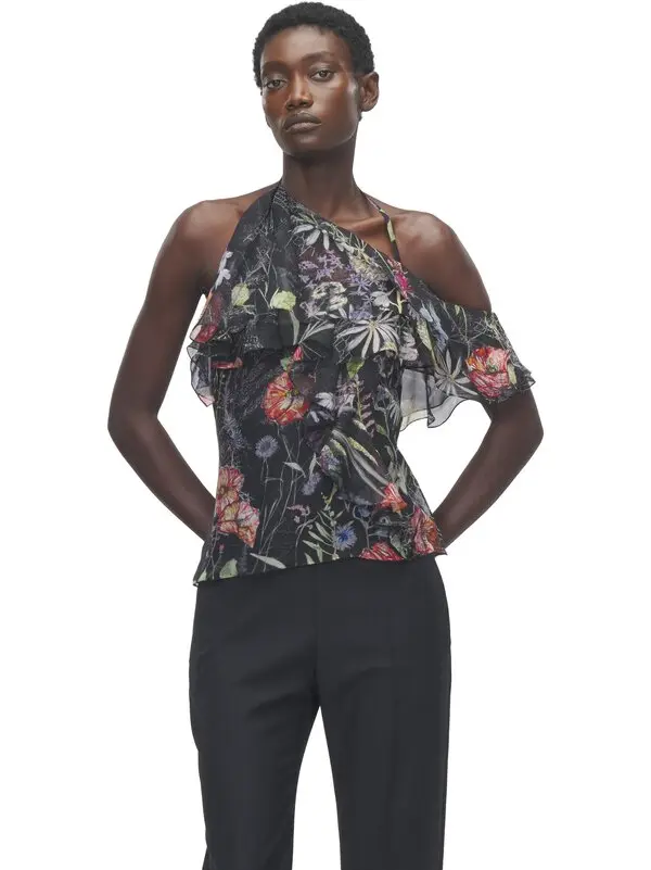 Alexander McQueen Meadow Floral Print Asymmetric Top - Black