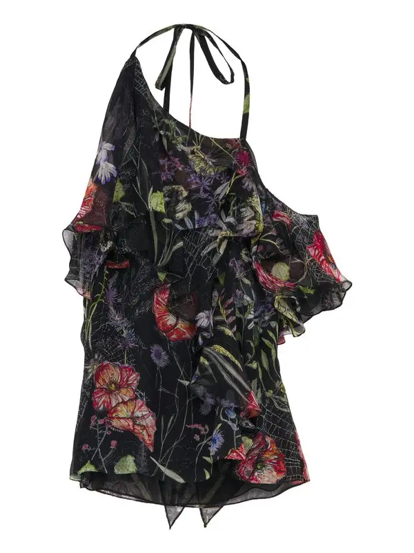 Alexander McQueen Meadow Floral Print Asymmetric Top - Black