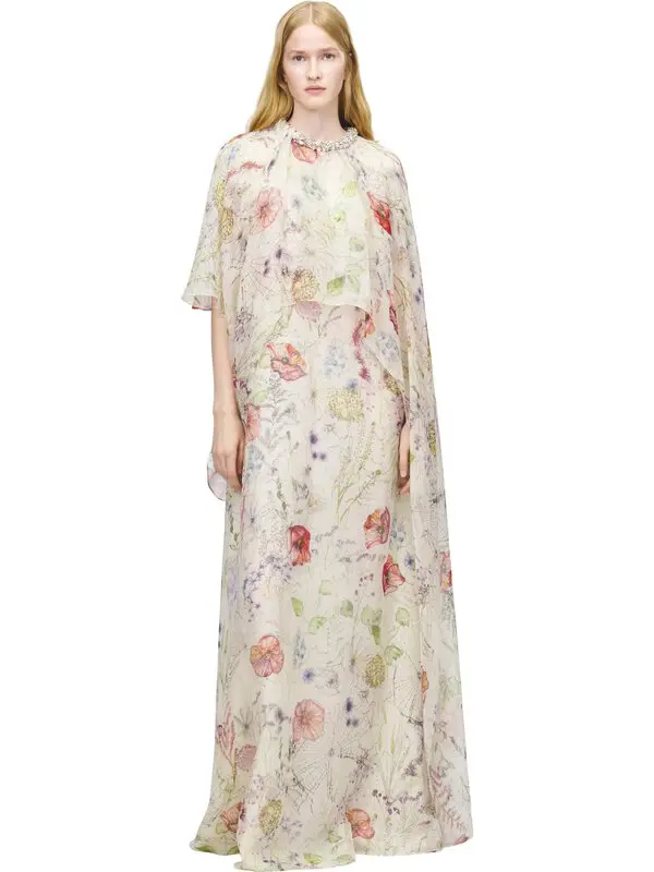 Alexander McQueen Meadow Floral Print Asymmetric Cape Dress - Ivory