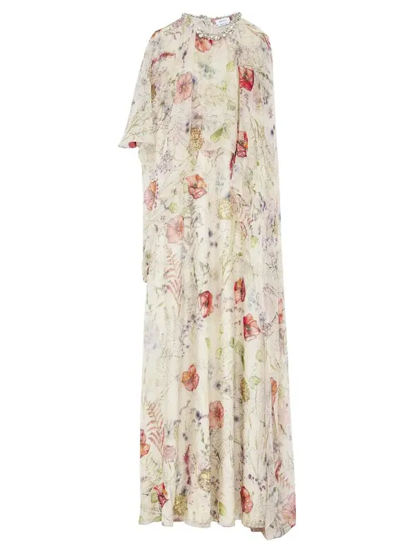 Alexander McQueen Meadow Floral Print Asymmetric Cape Dress - Ivory