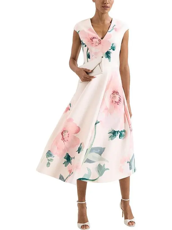 PHASE EIGHT Floral Printed Scuba Midi Dress - Pale Pink
