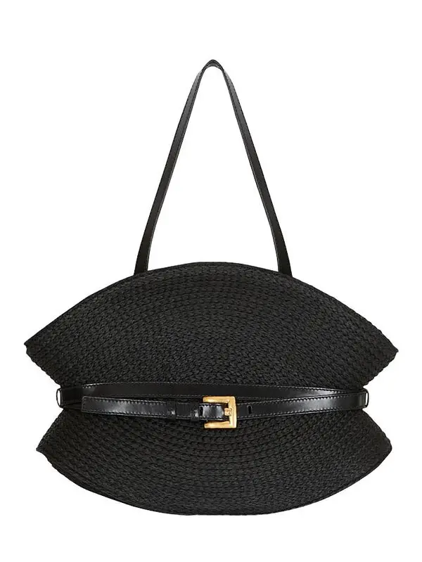 Balmain Shuffle Medium Bag In Calfskin Leather And Raffia - Black